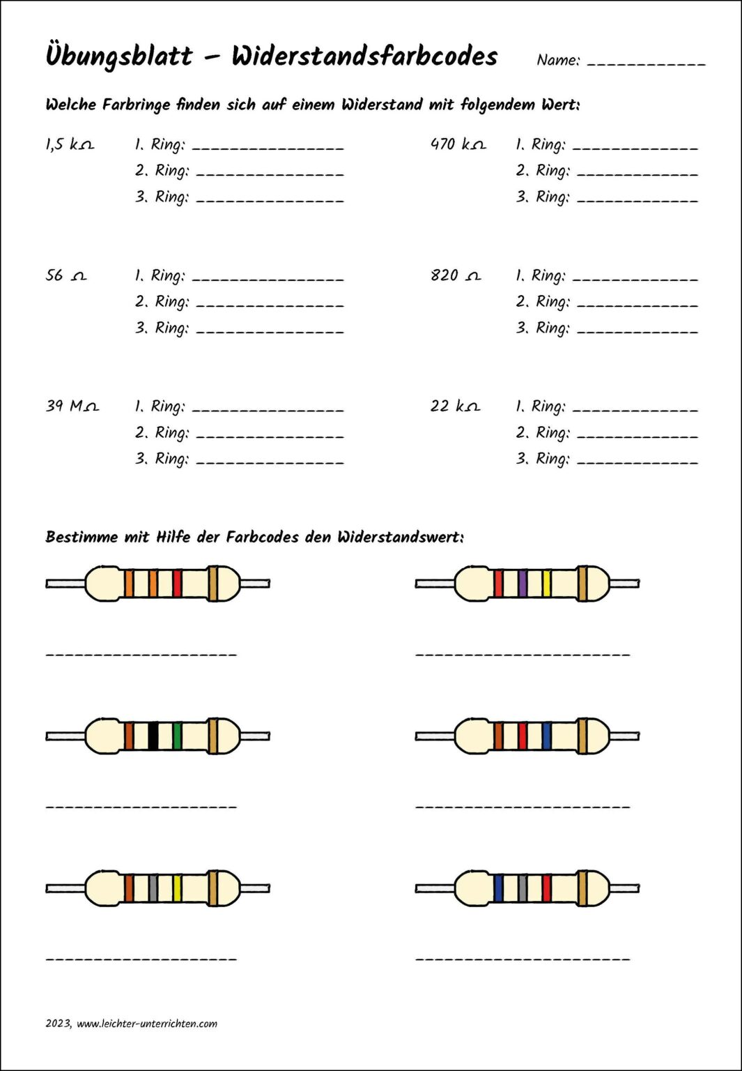Widerstandsfarbcodes - Übungsblatt - Leichter Unterrichten