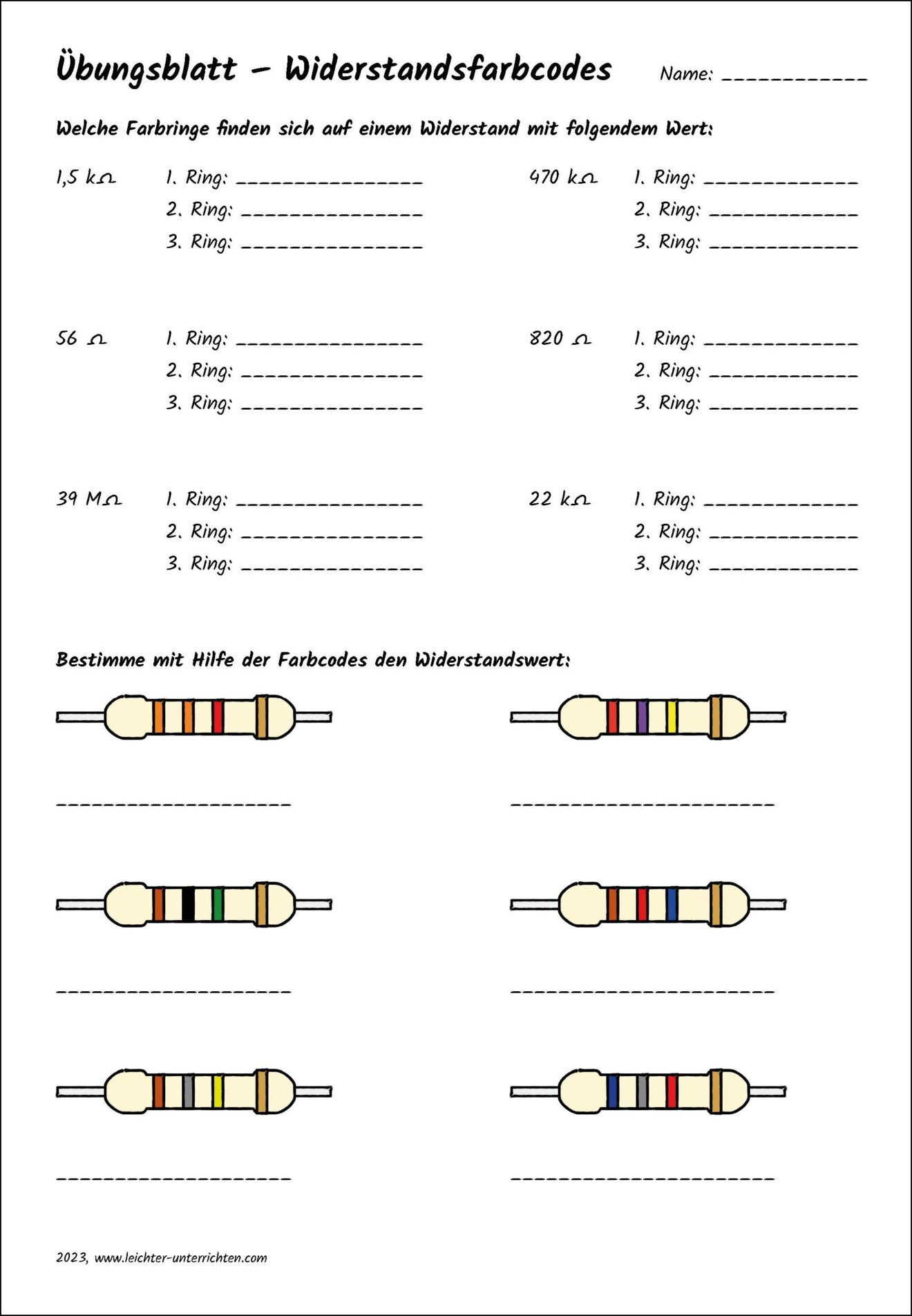 Widerstandsfarbcodes - Übungsblatt - Leichter Unterrichten